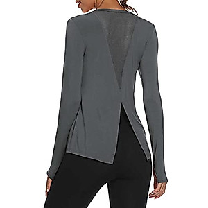 Mippo Long Sleeve Yoga Tops for Women Open Back Workout Shirts Gym Tops Running Athletic Shirts Workout Clothes Deep Gray M