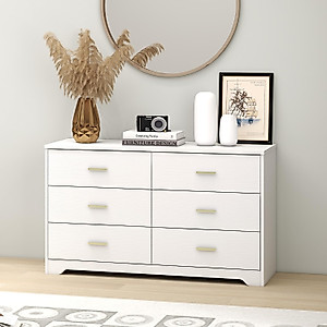 Modern 6 Drawer Wood Dresser, Wood Lateral Chest of Drawers Storage Organizer with Wide Drawers & Metal Gold Handles for Bedroom, Living Room, Hallway, Entryway