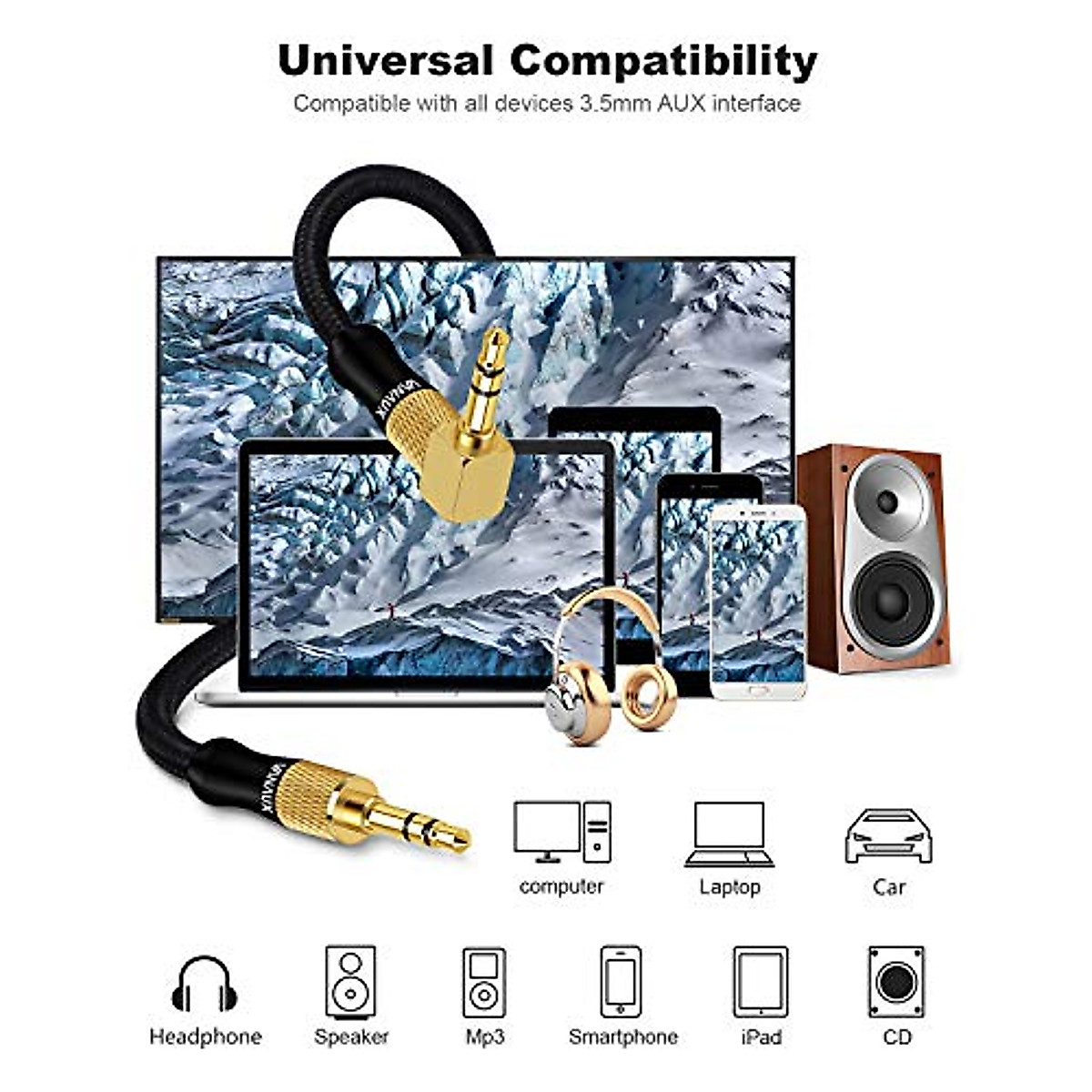 Aux Cable for Car， VANAUX 90 Degree Right Angle Auxiliary Cable Stereo Aux Jack to Jack Cord Compatible for Mp3 Player, Car Stereos, Smartphone, Speakers, Headphone and More(5ft/1.5m)