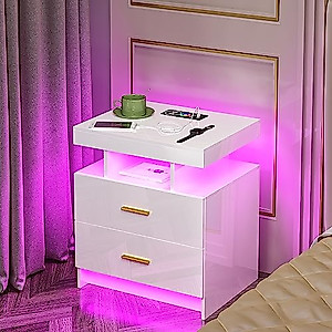 HNEBC LED Nightstand, RGB White Night Stand with USB/Wireless Charging Station, Modern Bedside Table has Auto Sensor RGB Lights, End Side Table with 2 Drawer for Bedroom Furniture, White