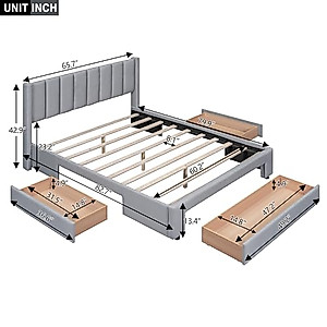 HAUSHECK Queen Upholstered Size with 3 Storage Drawer and Classic Wingback Headboard, Modern Platform Frame w/Wooden Slats Support Mattress Foundation, Bed No Box Spring Needed, Gray