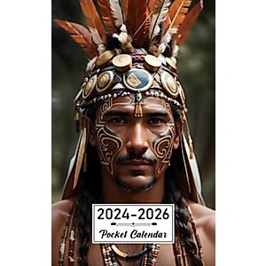 Pocket Calendar 2024-2026: Two-Year Monthly Planner for Purse , 36 Months from January 2024 to December 2026 | Indigenous man | Ancient Indian ... | Geometric pattern clothing | Plume on head