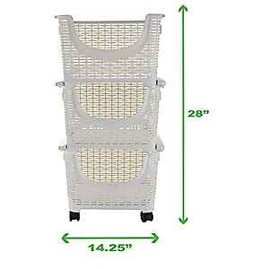Mind Reader 3-Tier Stackable Containers Rolling Plastic Bins, Storage Baskets, Ivory