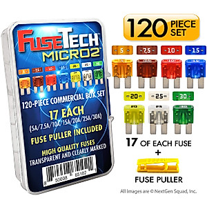FuseTech Micro2 APT ATR 120 Piece Automotive Commercial Car Fuse Assortment (119 Blade Fuses + Fuse Puller) 5A 7.5A 10A 15A 20A 25A 30A