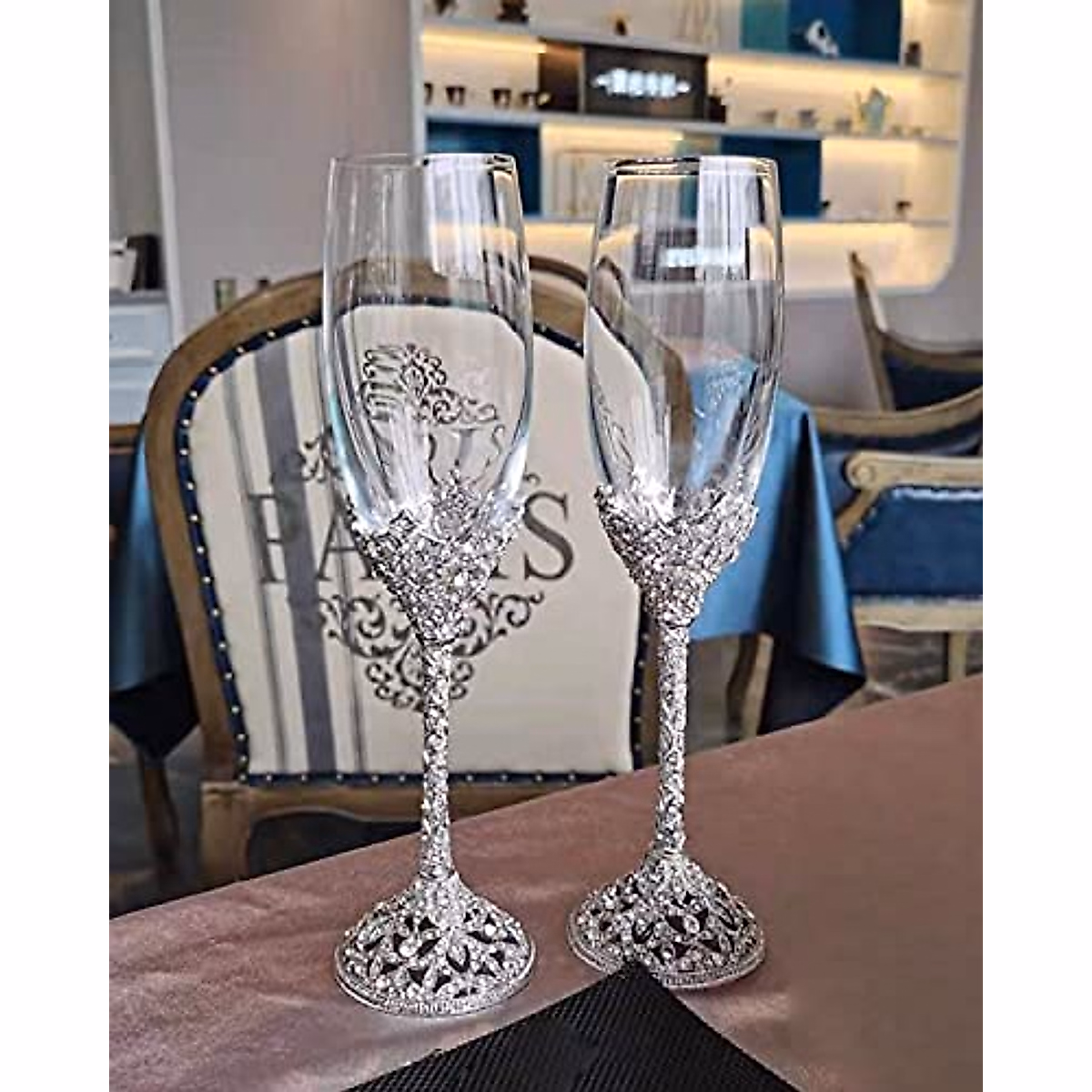 Jozen Gift Champagne Flutes - Crystal Glass Metal Base With Crystal Stones, Set of 2 Toasting Flute Pair, Wedding Anniversary Party Birthday Banquets and Gifts for Bride and Groom7oz