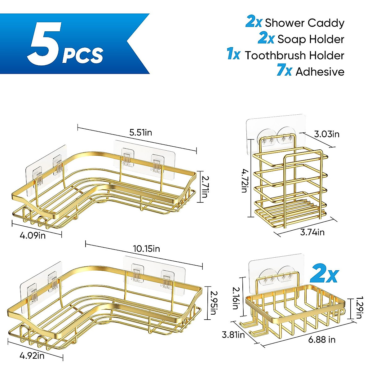 Hsiohe Gold Corner Shower Caddy, Adhesive Shower Organizer for Bathroom Storage, Rustproof Stainless Steel Shower Shelves, No Drilling, Space-Saving Shower Rack Shelf for Inside Shower 5 Pack