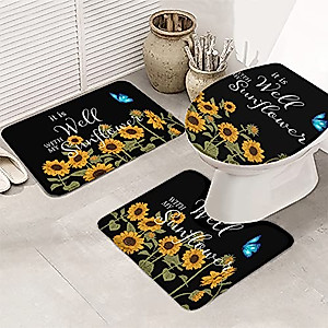 Fancyine 3 Pieces Bath Rugs Sets Rustic Art Farm Sunflowers with Butterfly Soft Non-Slip Absorbent Toilet Seat Cover U-Shaped Toilet Mat for Bathroom Decor Black