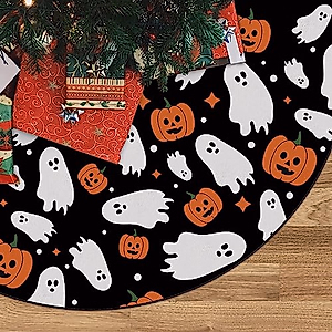 Halloween Tree Skirt Black Halloween Ghost Pumpkins Tree Skirt 48 Inch Halloween Tree Skirts Tree Mat for Halloween Indoor Outdoor Decorations