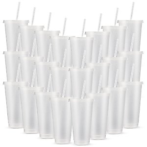 Amyhill 24 Pcs Reusable Cups with Lids and Straws 24 oz Glitter Iced Coffee Tumbler Plastic Travel Mug Cup for Smoothie Juices Birthday Sleepover Party Supplies for Girls(Clear)