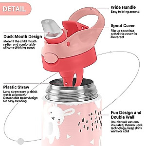 Kigai Pink Rabbit Kids Water Bottle, Insulated Stainless Steel Water Bottles with Straw Lid, 12 oz BPA-Free Leakproof Duck Mouth Thermos for Boys Girls