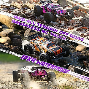 DEERC 200E 1:10 Large 3S Brushless High Speed RC Cars for Adults, 4X4 Fast RC Trucks W/Extra Shell LED Headlight, 60 KM/H, All Terrain Remote Control Car, Offroad Monster Truck for Boys,2 Battery