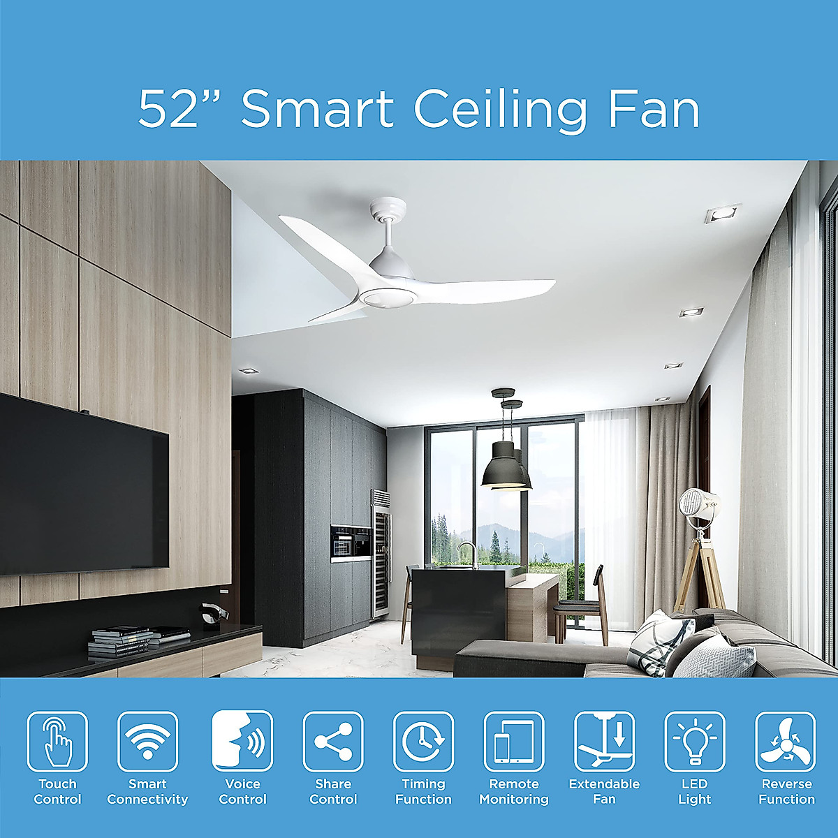 Promounts Modern All Seasons 52" Smart Ceiling Fan with Reverse Airflow, Led Lights, 3 Blades, 3 Color Temperatures, 6 Speeds, Voice App Control Compatible with Alexa/Google for Office and Home