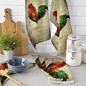 BEKYONEE Kitchen Towels 2 Pack Absorbent Dish Cloth Vintage Farm Animal Rooster Dish Towel for Home Drying Dishes Soft Hand Towels Cleaning Cloths Old Letter Back