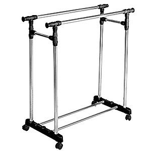 HEAVY DUTY-Double Adjustable Portable Clothes Rack Hanger Extendable Rolling
