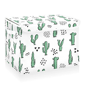 CaTaKu Cute Cactus White Storage Bins with Lids and Handles, Fabric Large Storage Container Cube Basket with Lid Decorative Storage Boxes for Organizing Clothes