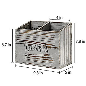 LADESIGGN Wood Utensil Holder for Countertop, Farmhouse Kitchen Decor for Flatware, Utensil Caddy with 2 Compartments, Rustic Utensil Organizer for Kitchen