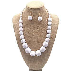 White Beads Necklace, Acrylic Costume Jewelry for Women Chunky Statement Strand Necklaces with Bracelet Dangle Earrings, Big African Beaded Necklace Halloween Festivals accessory