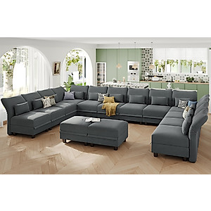 LLappuil Sectional Couch Convertible Oversize U Shaped Modular Sectional Sofa with Storage Easy Clean Anti-Scratch 14 Seat Velvet Sectional for Living Room, Grey
