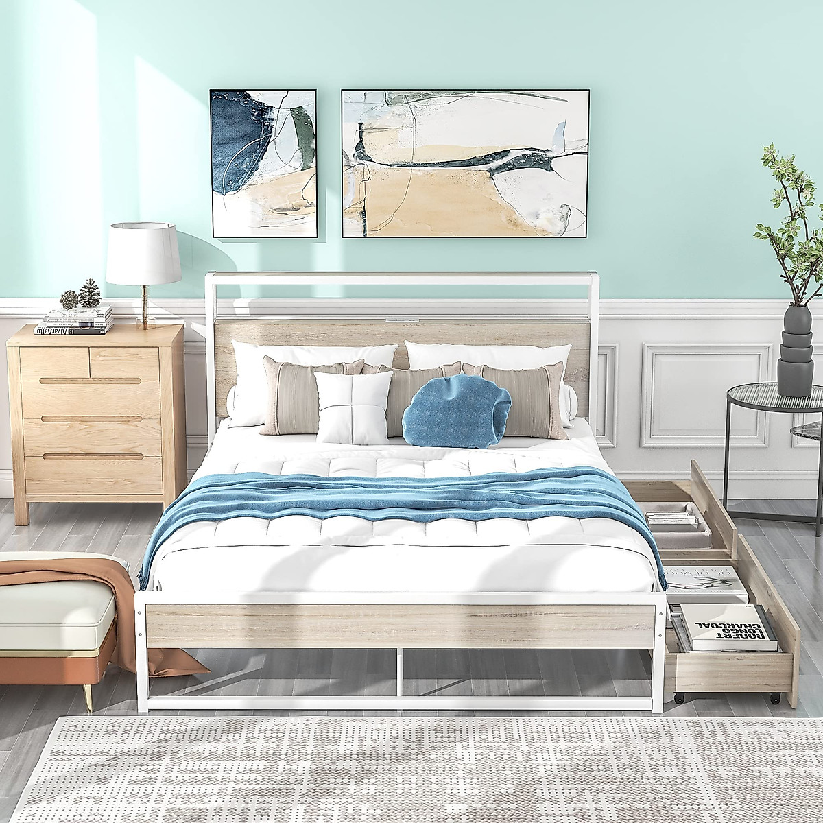 Metal Bed Frame Queen with Two Drawers Queen Size Storage Bed with Sockets, USB Ports and Slat Support for Living Room Bedroom,No Box Spring Needed/Easy Assembly (White)