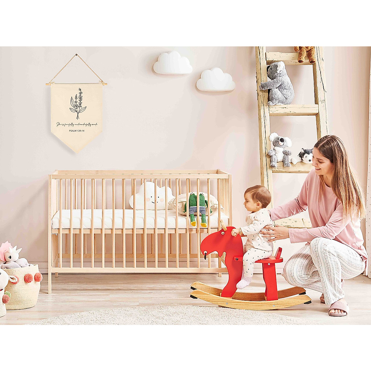 Nursery Scripture Bible Verse-Christian Botanical Decor-Canvas Hanging Pennant Flag Banner Wall Sign Decor Gift for Nursery Bedroom Playroom Front Door Baby Kids Girl Boy Teen- Birthday Christmas Gift