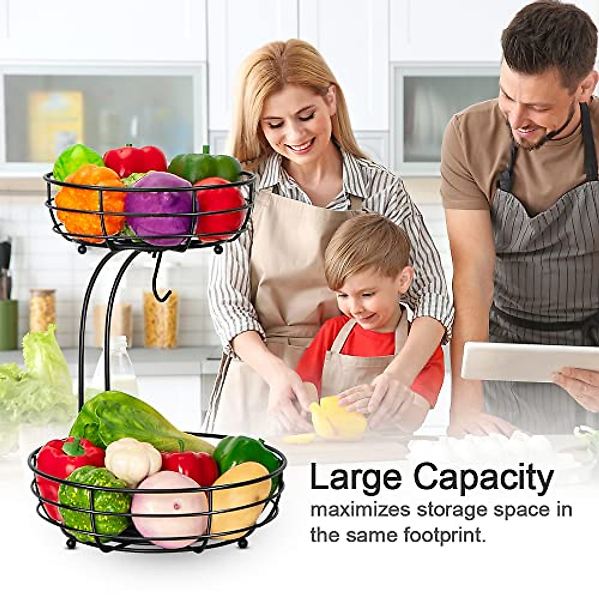 Kufutee 2-Tier Countertop Fruit Basket Bowl With Banana Hanger, Black 64 ounces