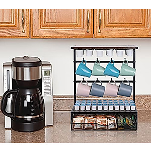 TQVAI Coffee Pods Drawer with Mug Hooks, 50 Capacity Coffee Pod Holder, Coffee Station Organizer for K Cups, Tea Bags, Espresso Capsule Coffee Creamer, Black/Archaize