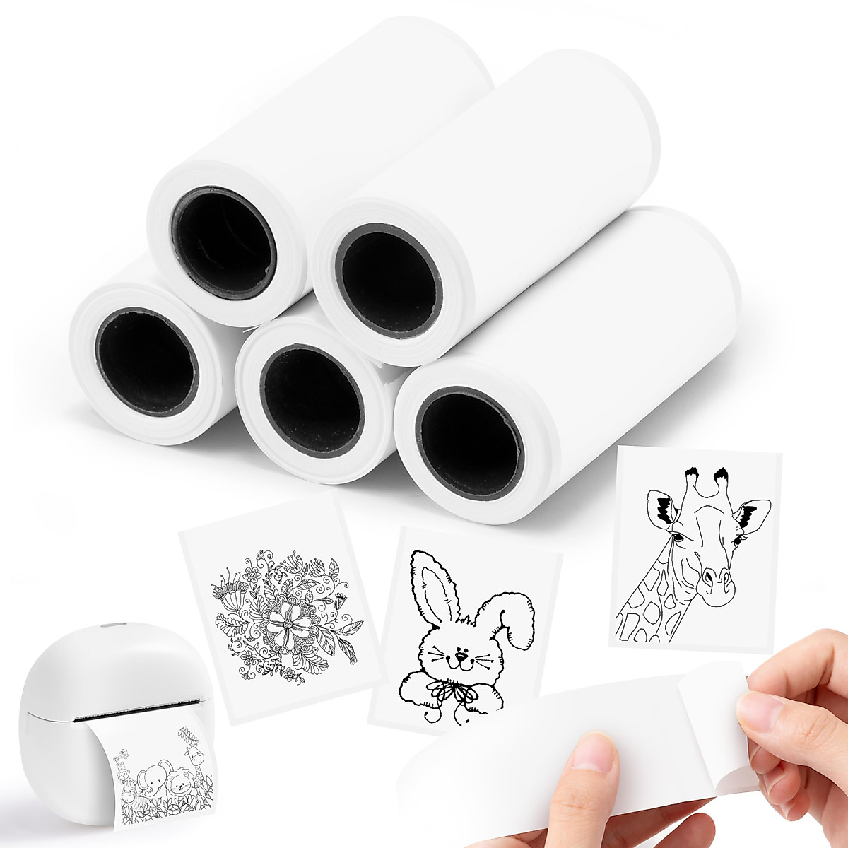 GQIRIL Thermal Printer Sticker Paper - 5 Rolls White Mini Printable Sticker Paper, Adhesive Printing Paper Rolls for Mini Portable Printer, 56 x 25 mm Thermal Print Stickers for Label Photo List Note