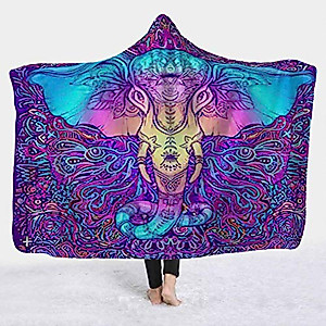 Atomack Trippy Elephant Wearable Hooded Blankets, Tribal Psychedelic Paisley Colorful Ethnic Boho Mandala Yoga Comfy Blanket Hoodie for Adults Kids Sherpa Fleece Throw Poncho Cloak, 50x60 Inch