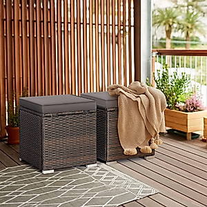 MEDIMALL Patio Wicker Ottoman Set of 2, Multipurpose Outdoor Footstool w/Removable Cushions, Rattan Side Table w/Storage, Footstool Ottoman Seat for Garden, Backyard, Poolside (Gray)