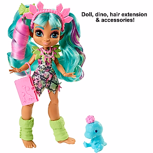 Mattel Cave Club Rockelle Doll (8-10-inch, Teal Hair) Poseable Prehistoric Fashion Doll with Dinosaur Pet and Accessories, Gift for 4 Year Olds and Up