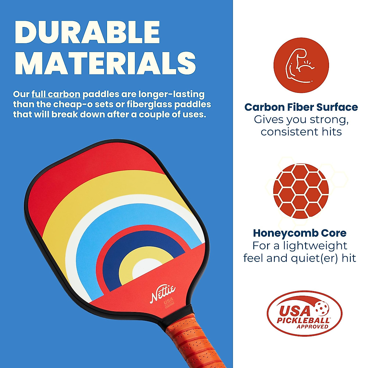 Nettie Pickleball Co - Classic Pickleball Paddle | USA Pickleball Association Approved | Lightweight Carbon Fiber Honeycomb Core (Ashbury)