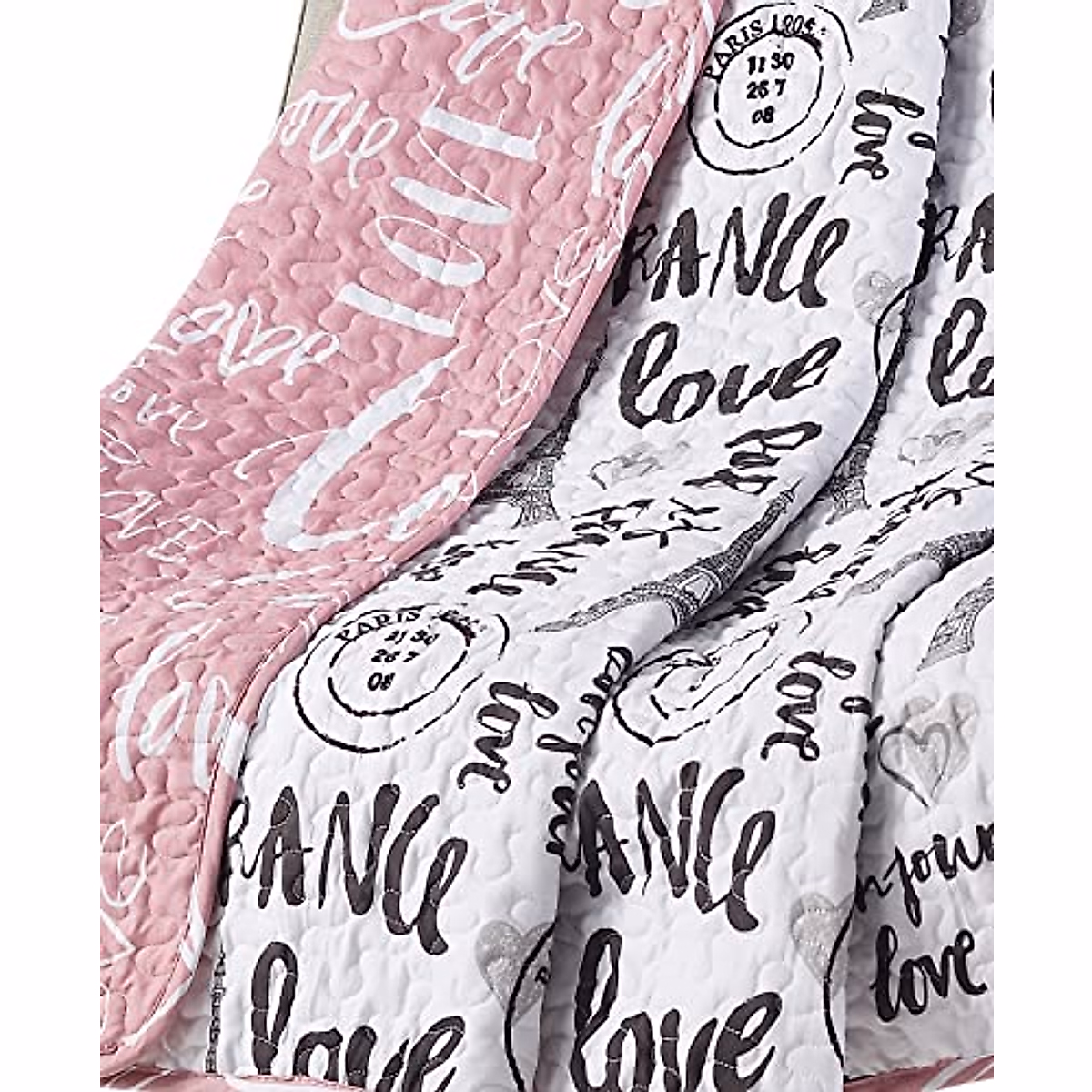 Quaint Home, Pillows, and Shams, 4-Piece Quilt Set, Twin, Bonjour Paris Pink/White/Black