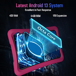 10" Kids Tablet Android 13.0, 4GB RAM+64GB ROM, Learning Tablets for Toddler Children Teen, WiFi-6, 2Ghz CPU, 2.4G/5G, Dual Camera, 10.1'' IPS HD Screen, Family Link, 8000mAh Battery, 2-Year Warranty