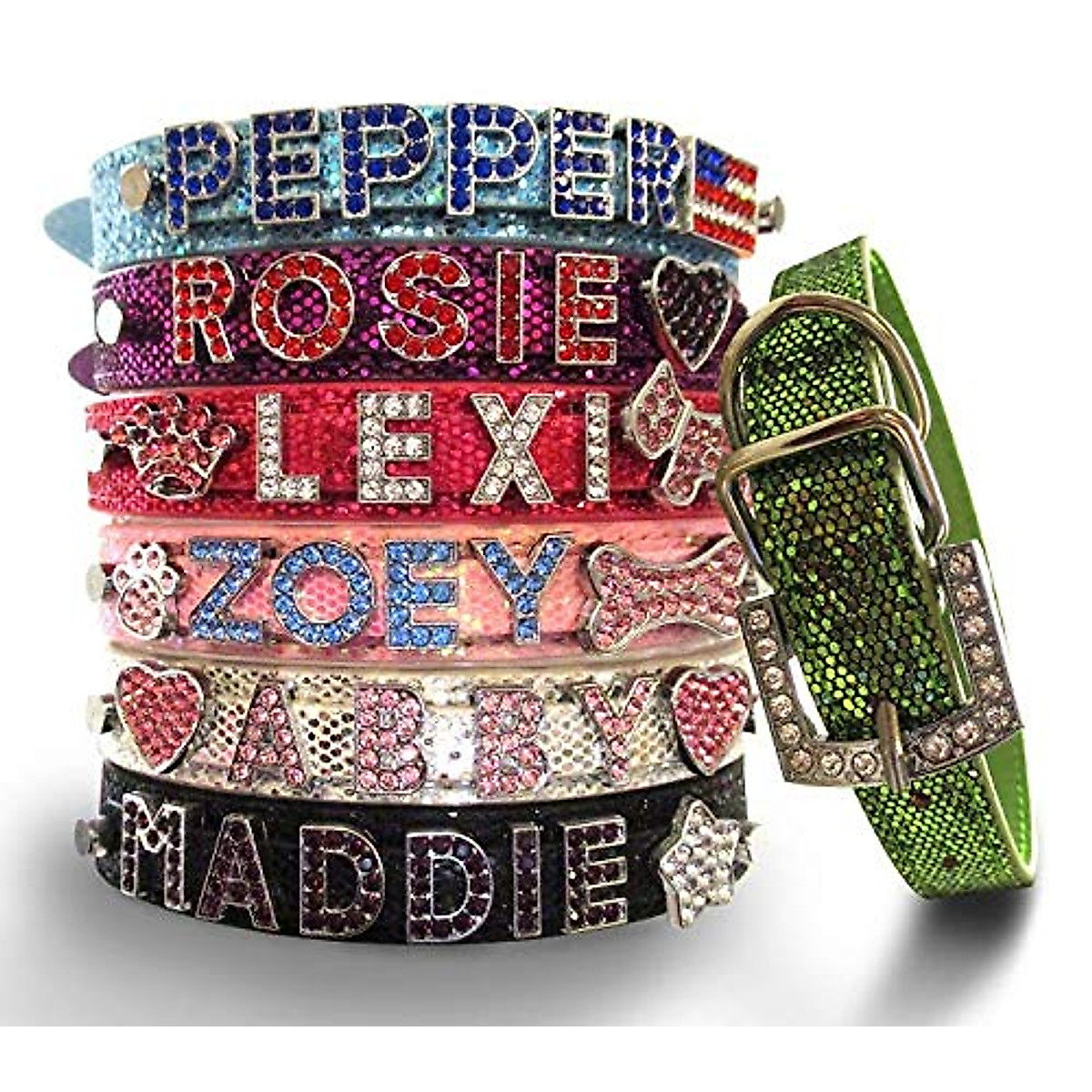 Bling Stuff For Fun, Personalized Customized PU Leather Glitter Rhinestone Bling Name Collar for Dogs & Puppies, S, M, L