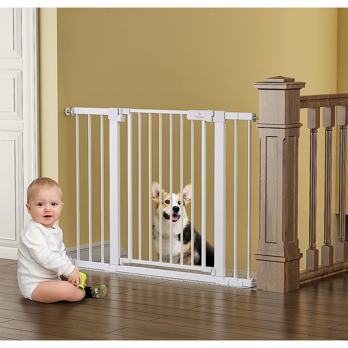 BabyBond 27-43" Easy Install Baby Gate for Stairs, Extra Wide Baby Gates for Doorway, Auto Close Safety Dog Gate, with Extenders and Pressure/Hardware Mounting Kit, White