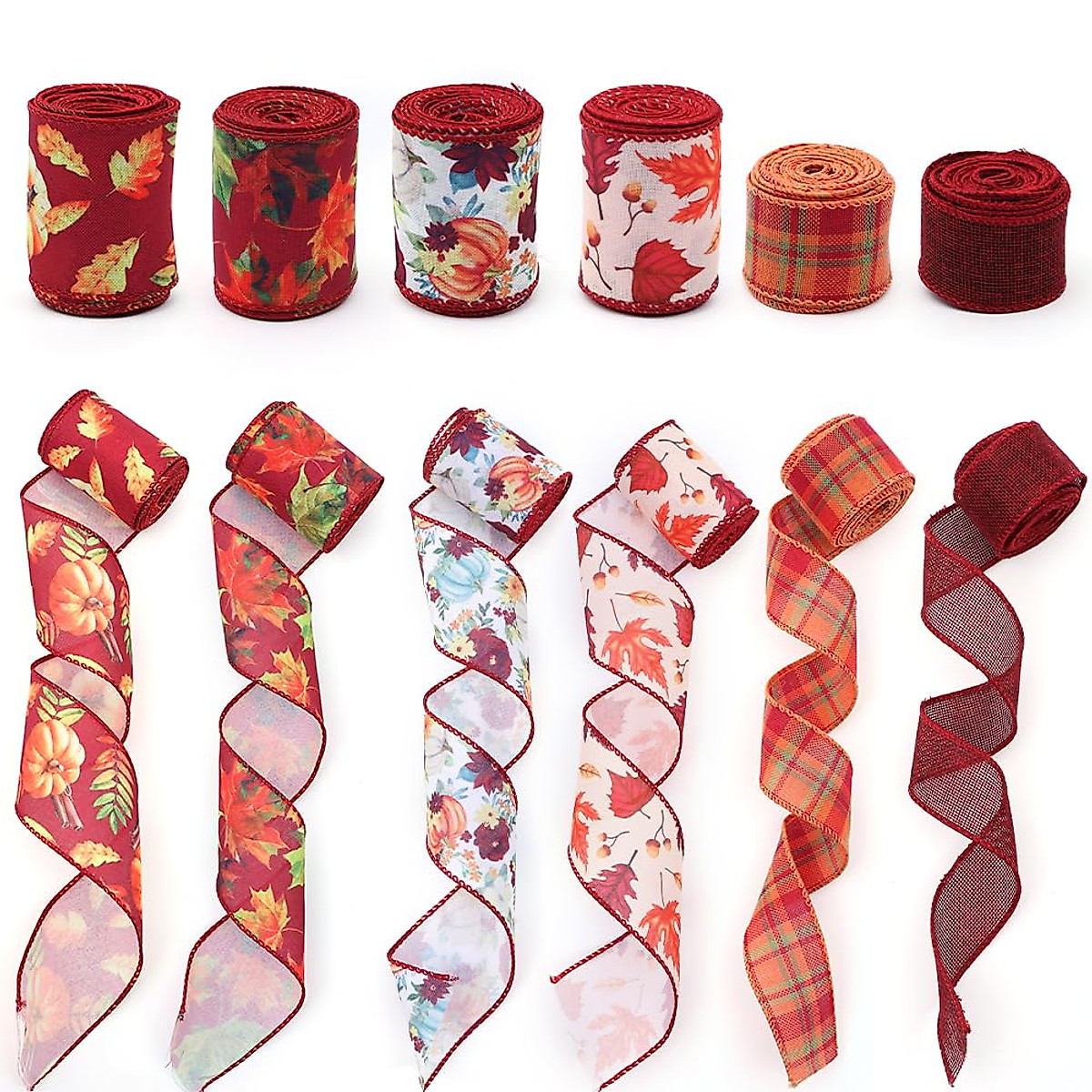1.5" and 2.5'' Burgundy Fall Pumpkin Maple/Oak Leaf Wired Ribbon for Autumn and Thanksgiving Holiday 6 Rolls Total 30 Yards in Length (Fall Pumpkin)