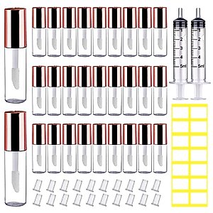 AMORIX 50PCS Mini Lip Gloss Tubes with Wand 1.2ml Empty Lip Gloss Containers Refillable Travel Lip Balm Bottles for Samples with 5ml Syringes DIY Lip Gloss Base + Tag Labels (Rose Gold)