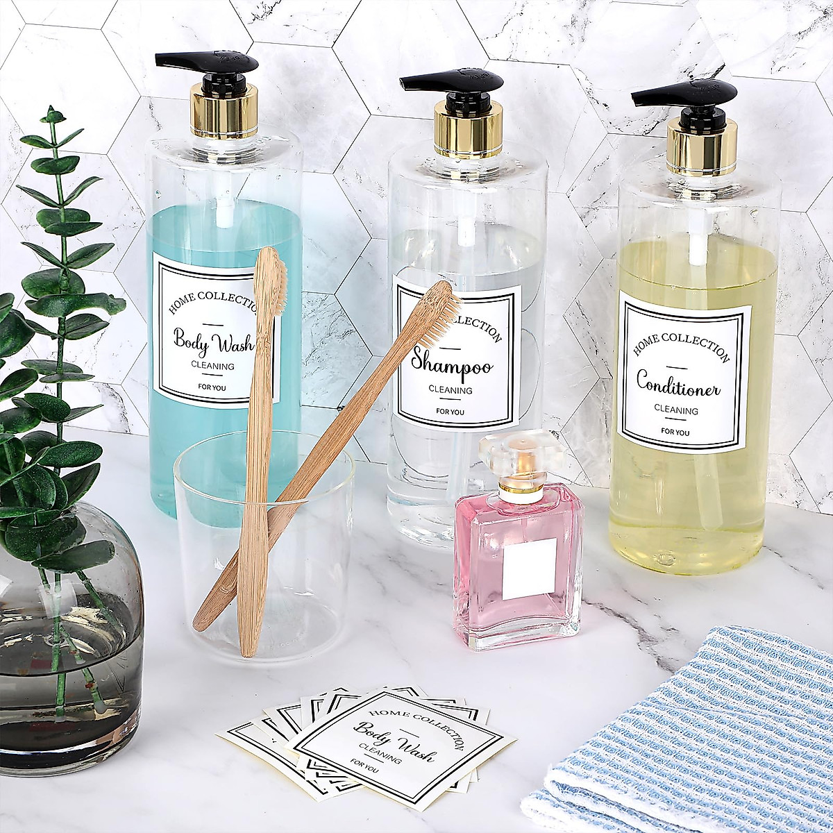 3 Pieces Pump Bottle Set, 25 oz Shampoo and Conditioner Dispenser, Plastic Refillable Soap Dispenser with 6 Label Sticker for Bathroom Lotion Body Wash(Black and Gold)