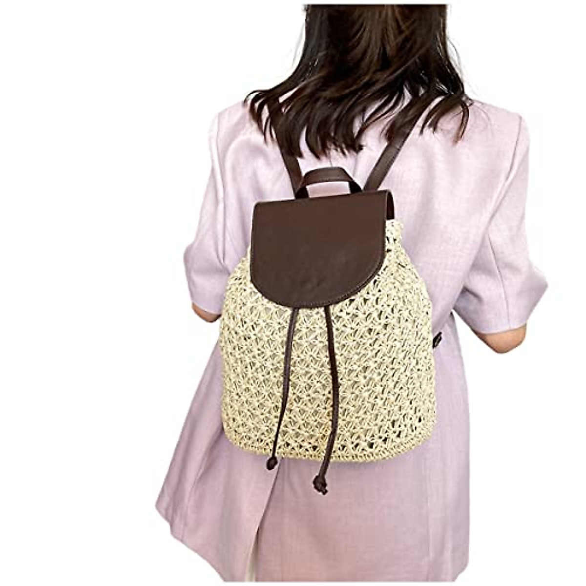 WIGUYUN Straw Crochet Backpack Purse Casual Beach Holiday Shoulders Bag Woven Flap Drawstring Daypack Beige