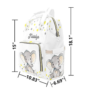 Liveweike Yellow Dot Elephant Grey Personalized Diaper Bag Backpack Custom Name Daypack Large Mommy Bag for Teen Girl Boy Student