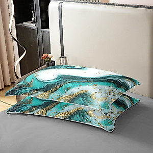 Erosebridal Teal Marble Duvet Cover Twin,Gold Glitter Turquoise 100% Organic Cotton Bedding Set,Stone Marble Bed Sets with 1 Pillowcase for Boys Girls,Tie Dye Fluid Magma Abstract Art Comforter Cover