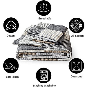 PANGUSHAN Twin Size Quilt Set,100% Cotton Quilt,Patchwork Plaid Quilt Bedding Set Bedspreads,Gray(Grey)/Black/Tan/White/Cream Quilt for Twin Bed,Reversible Lightweight Comforter Bed Set,2 Pieces