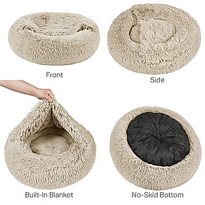 Friends Forever Luna Donut Cat Bed Cave, Soft Faux Fur Hooded Blanket Dog Couch For Indoor Pet, Fluffy Calming Plush Shag, Cozy Round Cushion, Machine Washable Cuddler, Self Warming, Tan, Small (23"x23"x6")