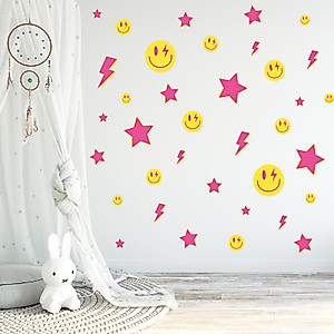 Whaline 156Pcs Preppy Wall Stickers Lightning Bolt Smile Star Wall Decals Pink Room Mural Thunder Stickers Aesthetic Vinyl Wall Decals for Party Home Nursery Decor, 7.9 x 11.8 Inch, 12 Sheets