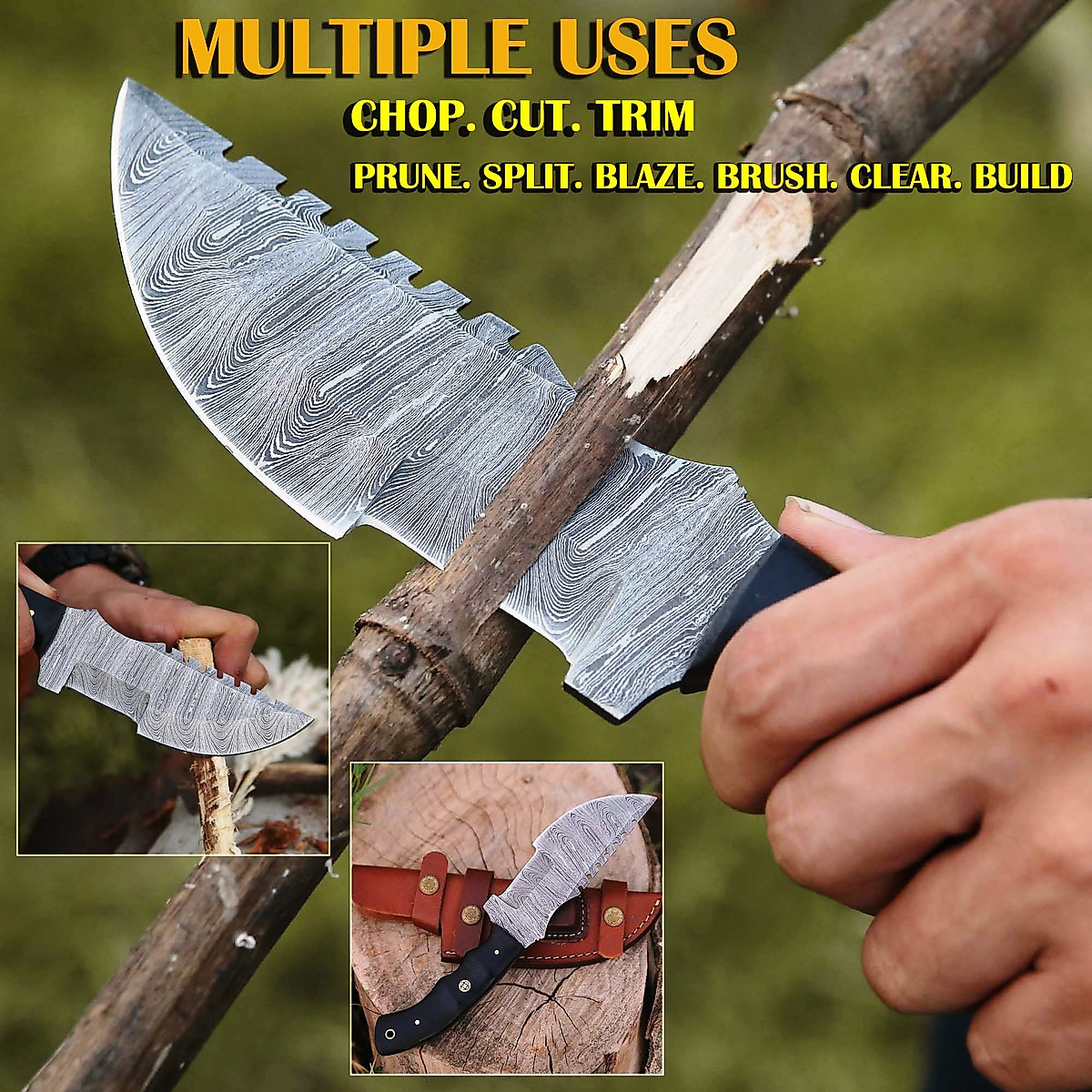 Handmade Tracker Knife Damascus Knife for Hunting Camping - 10 Inch Damascus Steel Hunting Tracker Knife with Horizontal Carry Sheath - Fixed Blade Survival tactical full tang Bushcraft Knife (Black Micarta)