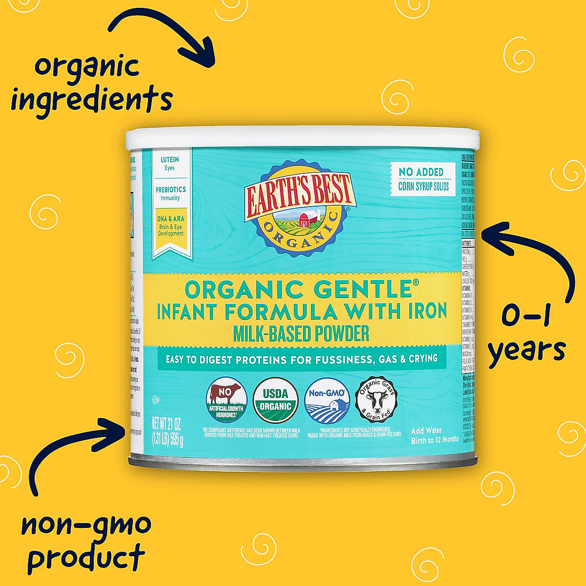 Earth's Best Organic Baby Formula for Babies 0-12 Months, Powdered Milk-Based Gentle Formula with Iron and Easy to Digest Proteins, 21 oz Formula Container