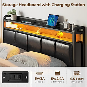 Rolanstar Bed Frame Queen Size with Charging Station and LED Lights, PU Leather Headboard with Storage Shelves, Heavy Duty Metal Slats, No Box Spring Need, Noise Free, Easy Assembly, Black