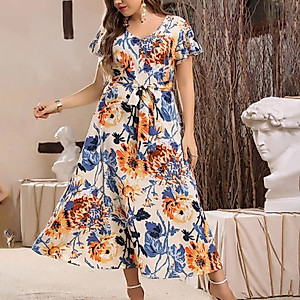 Casual Dresses for Women Plus Size Women's Plus Size Spring and Summer Round Neck Floral Print Decoration Ruffled Short