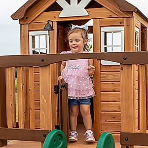 Backyard Discovery Echo Heights Elevated Cedar Playhouse, Play Kitchen, Powered Blender, Working Bell, 6 ft Wave Slide, Wrap-Around Deck, Flat Step Ladder, Growth Chart