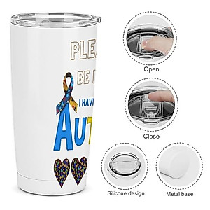 Please Be Patient I Have Autism Awareness Sign 20 OZ Stainless Steel Tumbler Travel Car Coffee Mug with Straw Lid Cleaning Brush Coffee Tumbler Mug for Women Men